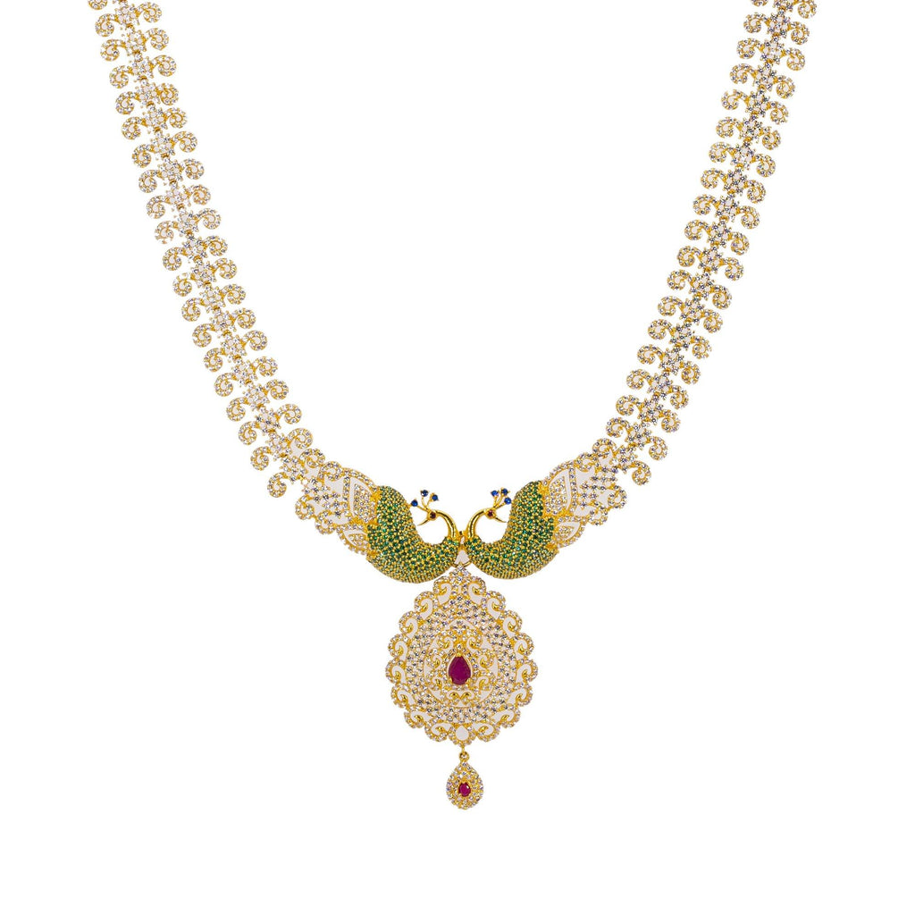 Virani Jewelers 22K Yellow Gold Long Necklace Earrings Set w Rubies Multi Colored CZ Encrusted Peacock Accents