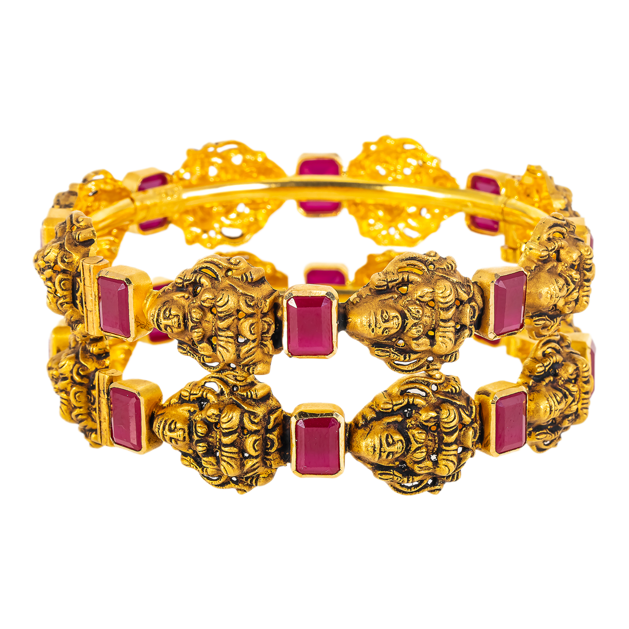 22K Antique Gold & Ruby Temple Bangle Set of 2 (52.2gm) – Virani Jewelers