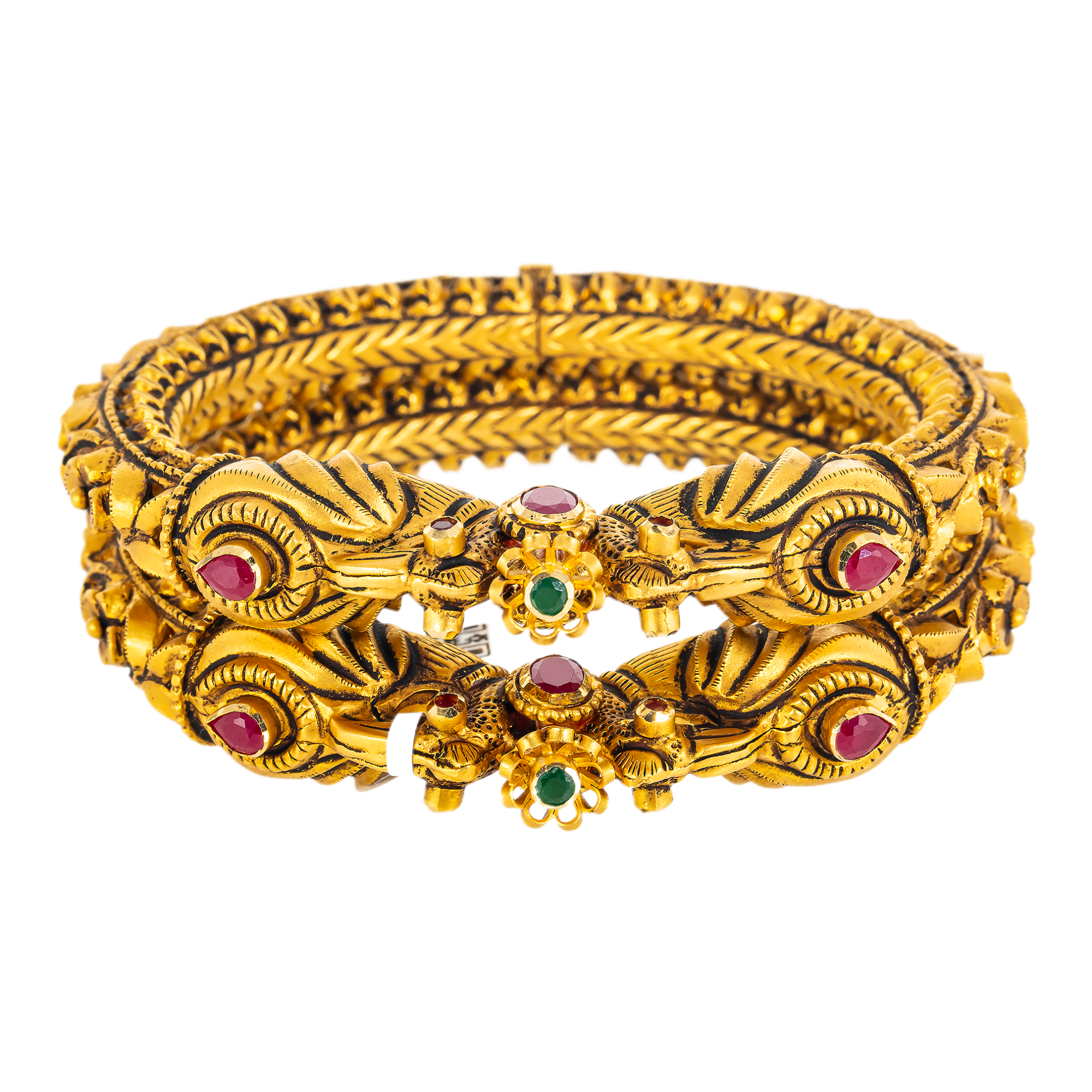 22K Antique Gold, Emerald & Ruby Temple Bangle Set of 4 (66.4gm ...