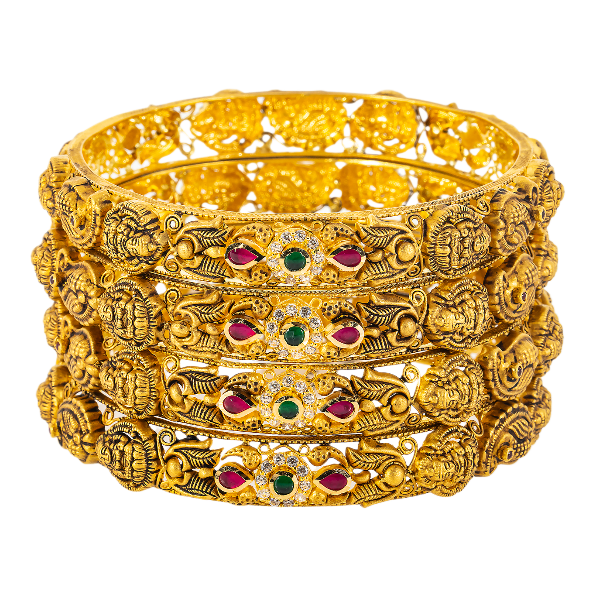 22K Antique Gold, CZ, Emerald & Ruby Temple Bangle Set of 4 (66.4gm ...