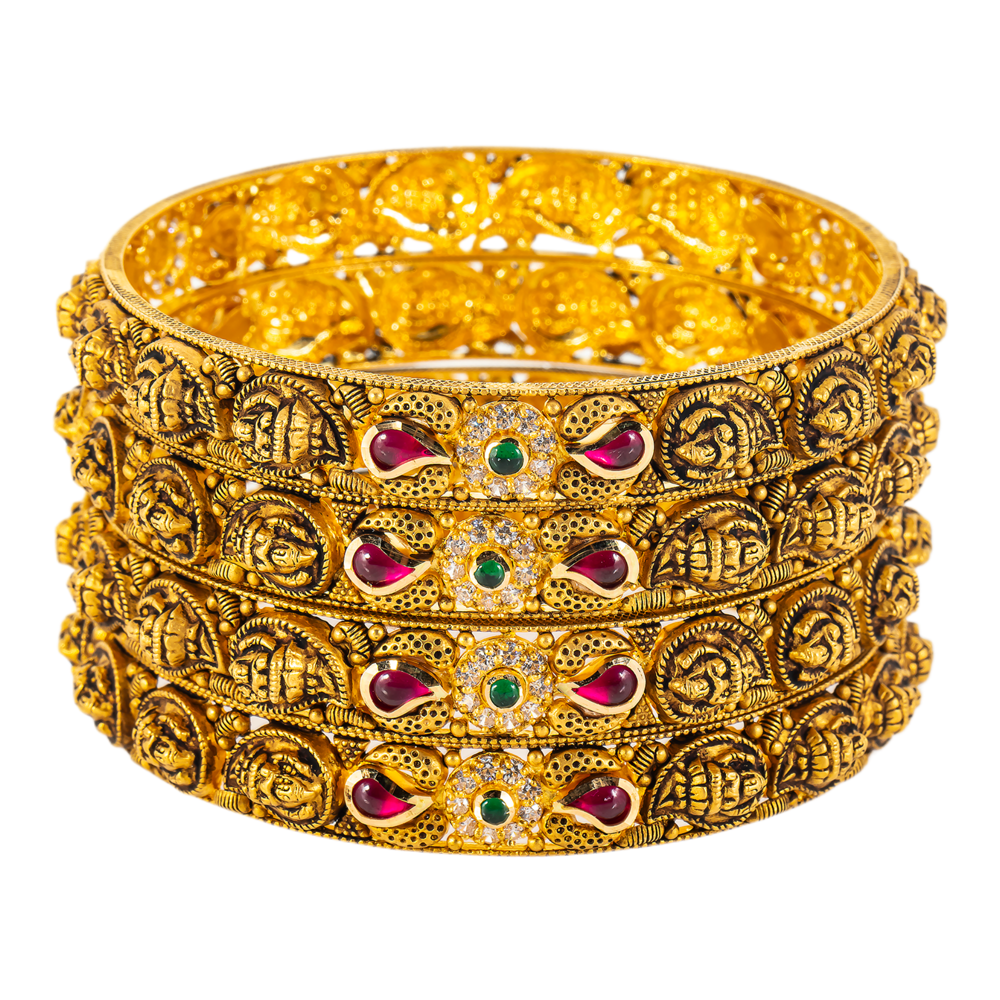 22K Antique Gold, CZ, Emerald & Ruby Temple Bangle Set of 4 (73.2gm ...
