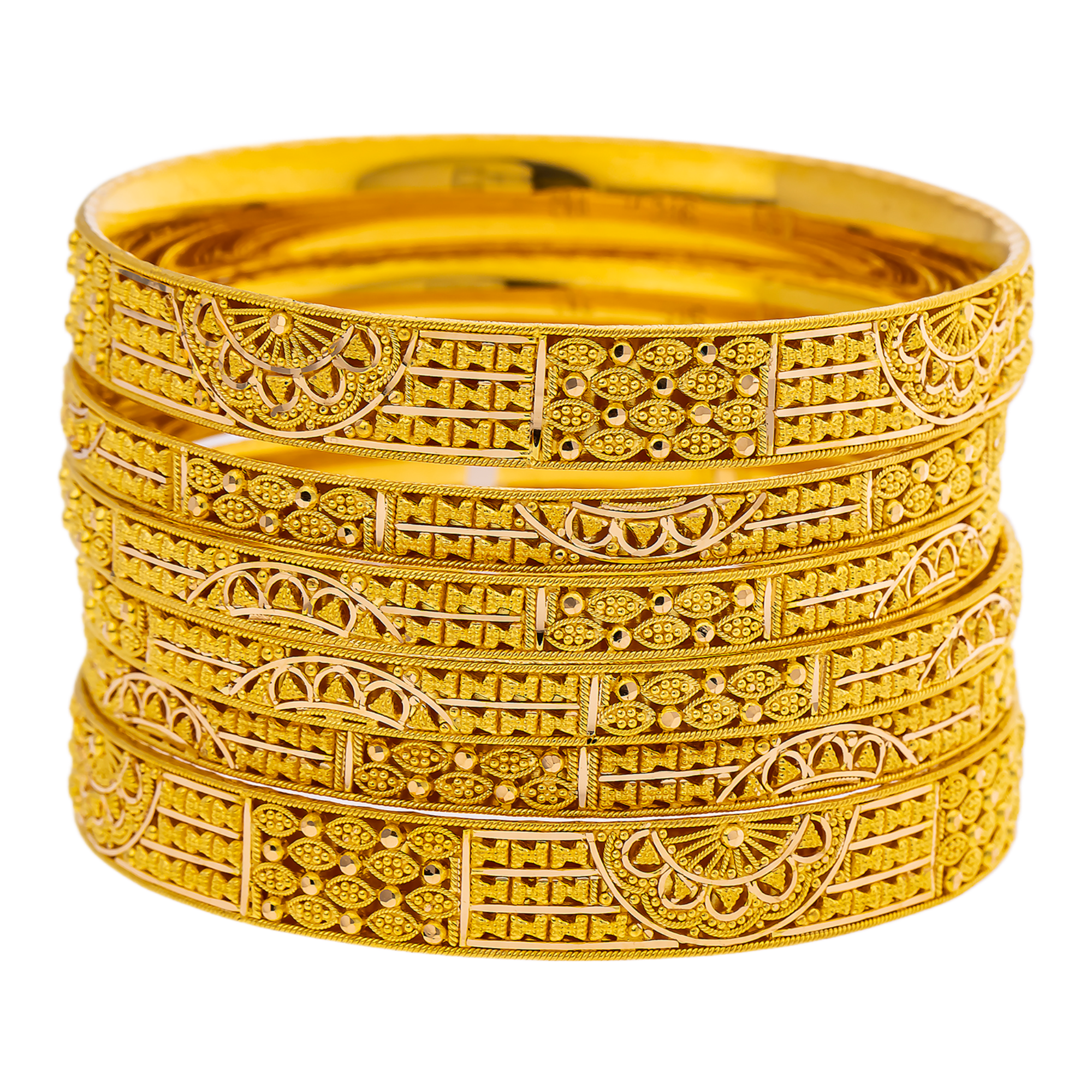 22K Yellow Gold Artisanal Filigree Bangle Set of 6 (75.2gm) – Virani ...