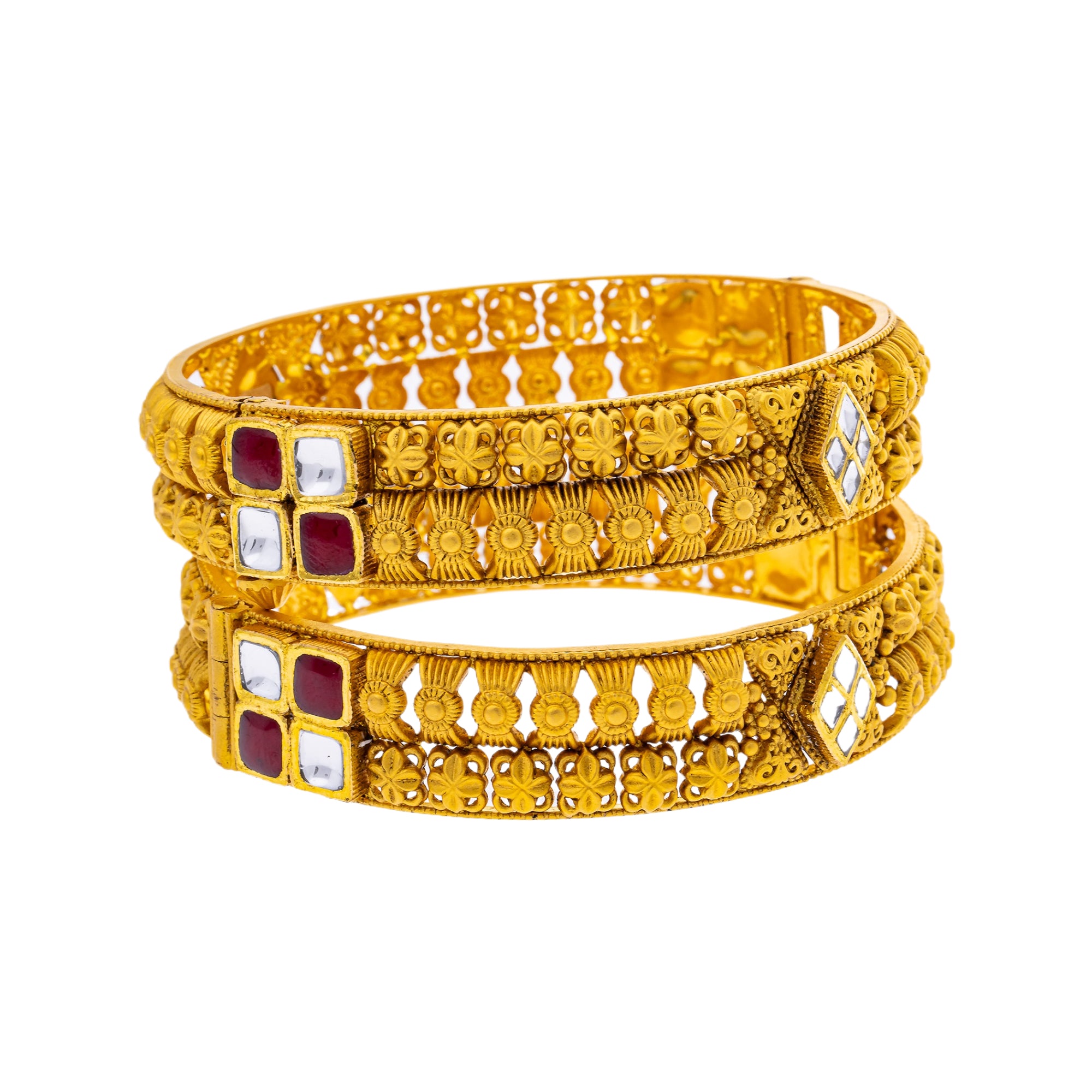 22K Yellow Gold, Kundan & Ruby Adjustable Bangle Set of 2 (55.2gm ...