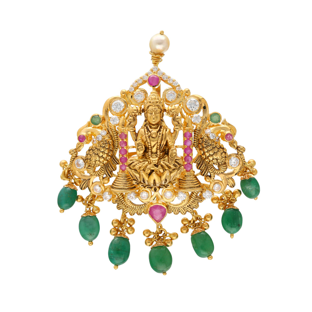 22K Yellow Gold Laxmi Pendant w/ Emeralds, Rubies, & CZ (20.5gm ...