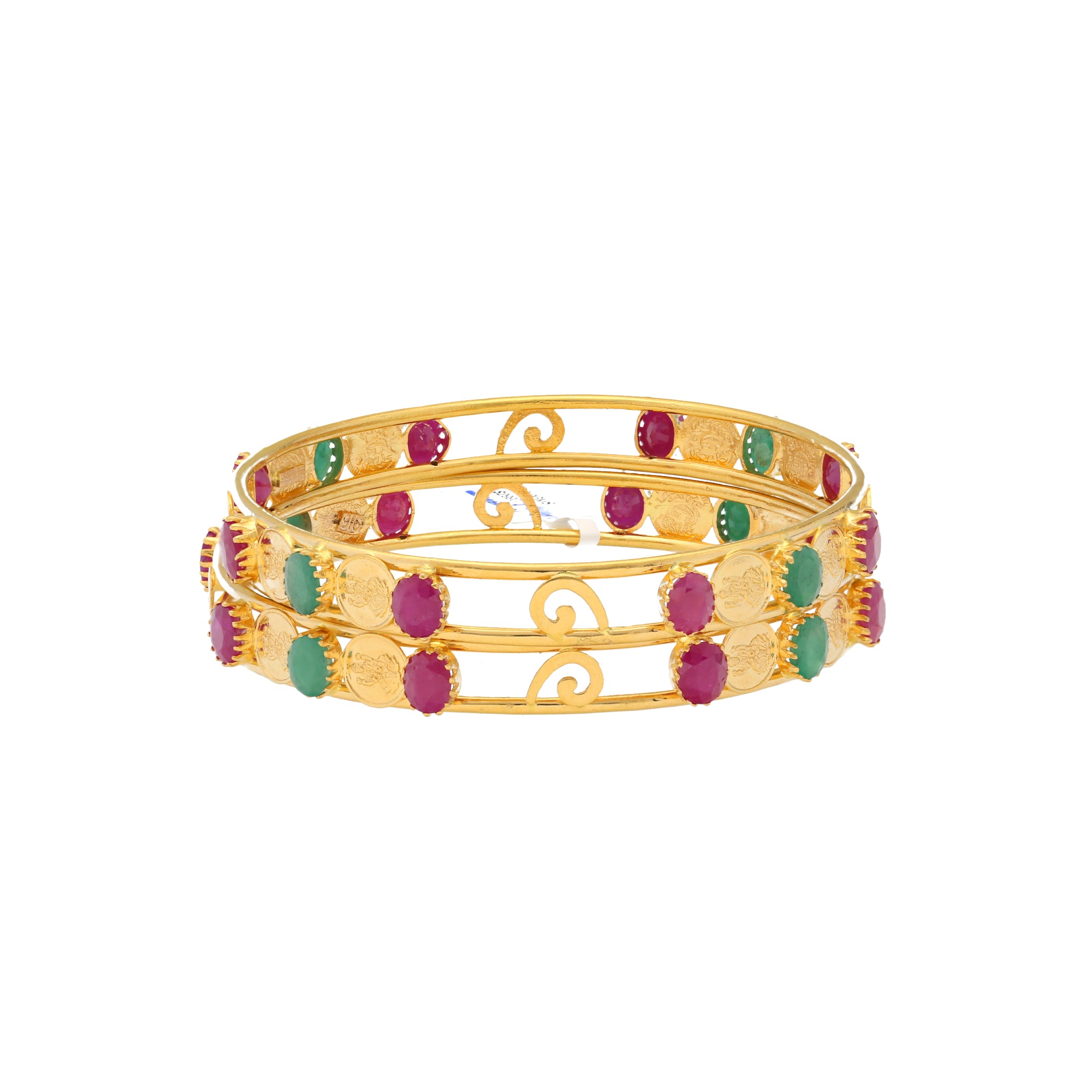 22K Yellow Gold Temple Bangle Set of 2 w Emerald Ruby 30gm
