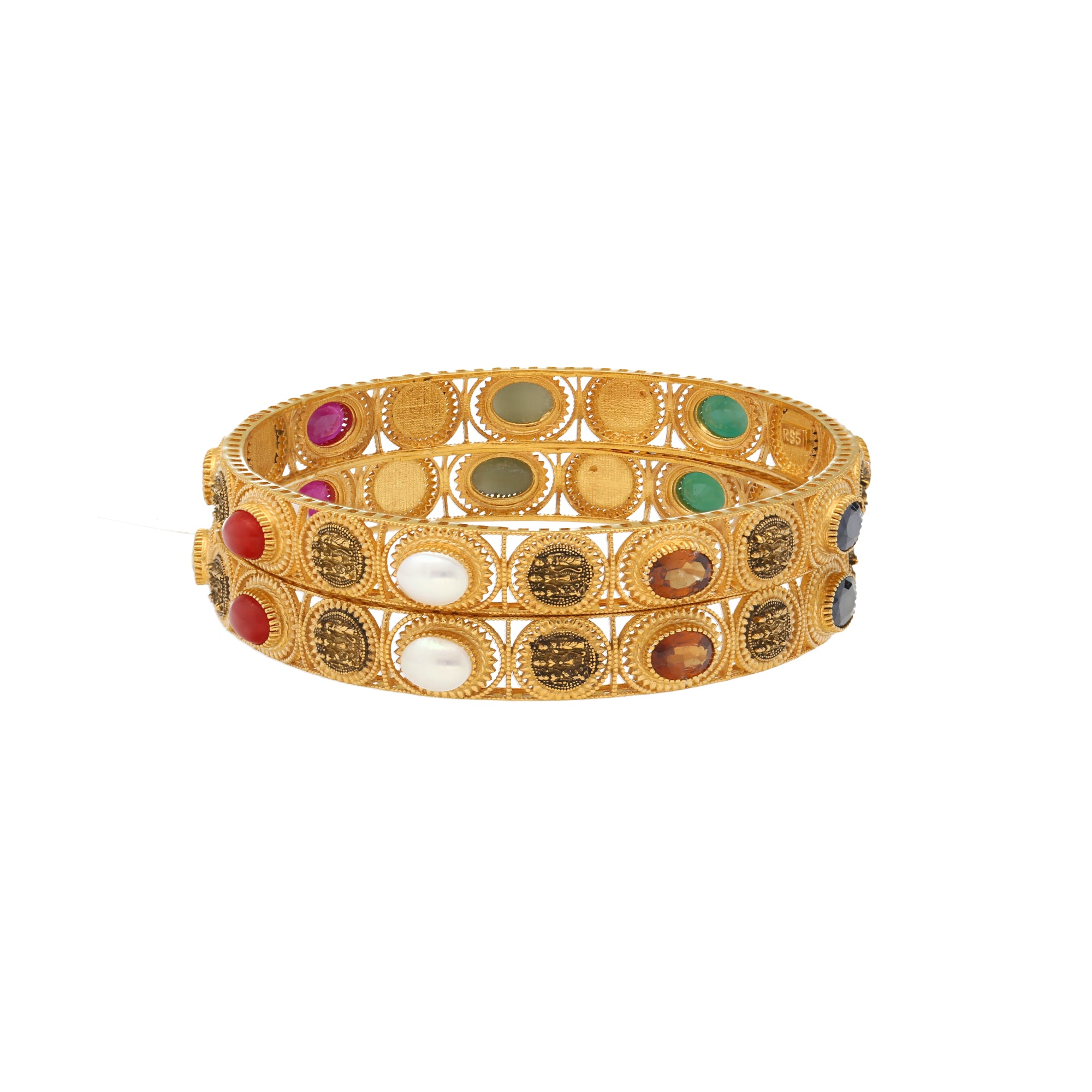 22K Yellow Gold Temple Bangle Set of 2 w/ Kundana & Gems (48.2gm ...