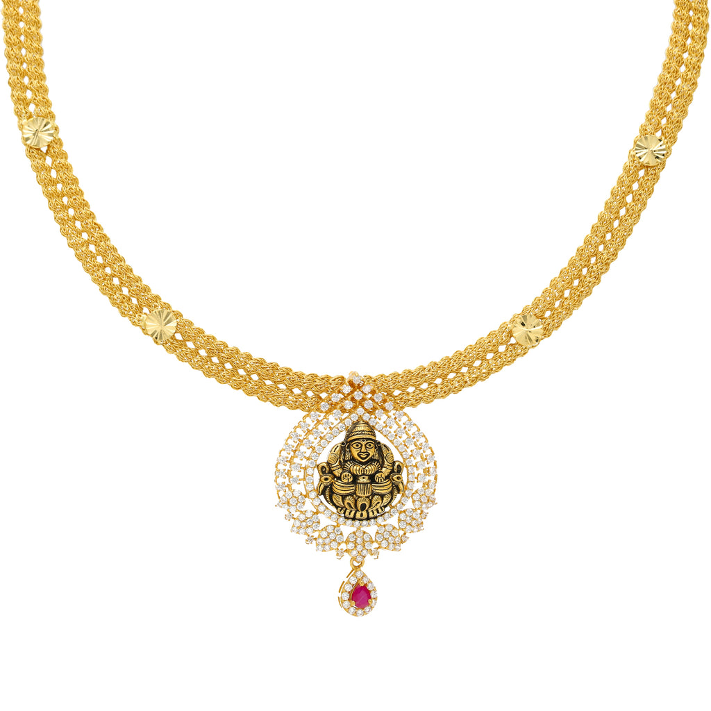 22K Antique Yellow Gold Temple Choker Necklace w CZ Ruby 24.4gm