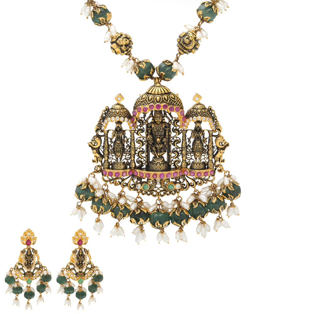 22K Antique Gold, Emerald, Ruby, & Pearl Temple Jewelry Set (106.3gm ...