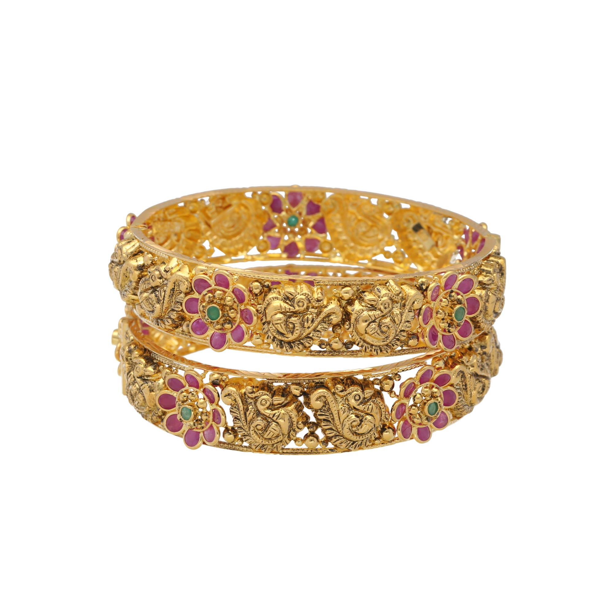 22K Yellow Gold Gemstone Temple Bangle Set 54.3gm