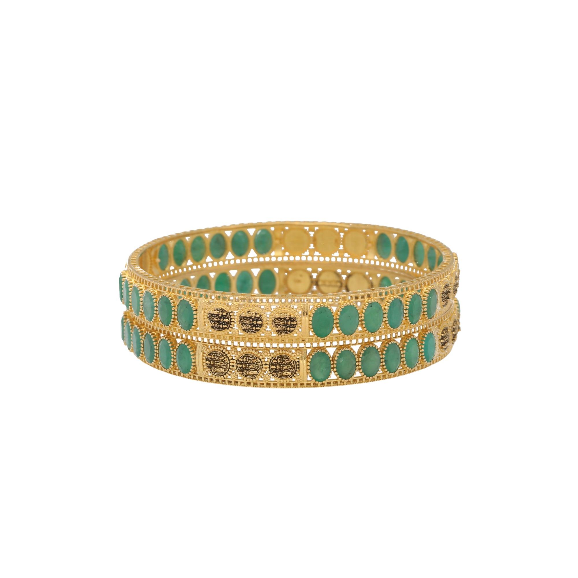 22K Yellow Gold & Emerald Temple Bangle Set (41.2gm) – Virani Jewelers