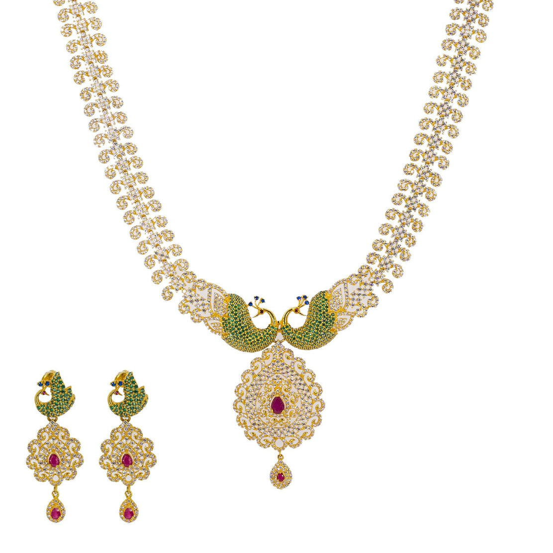 Virani Jewelers 22K Yellow Gold Long Necklace Earrings Set w Rubies Multi Colored CZ Encrusted Peacock Accents