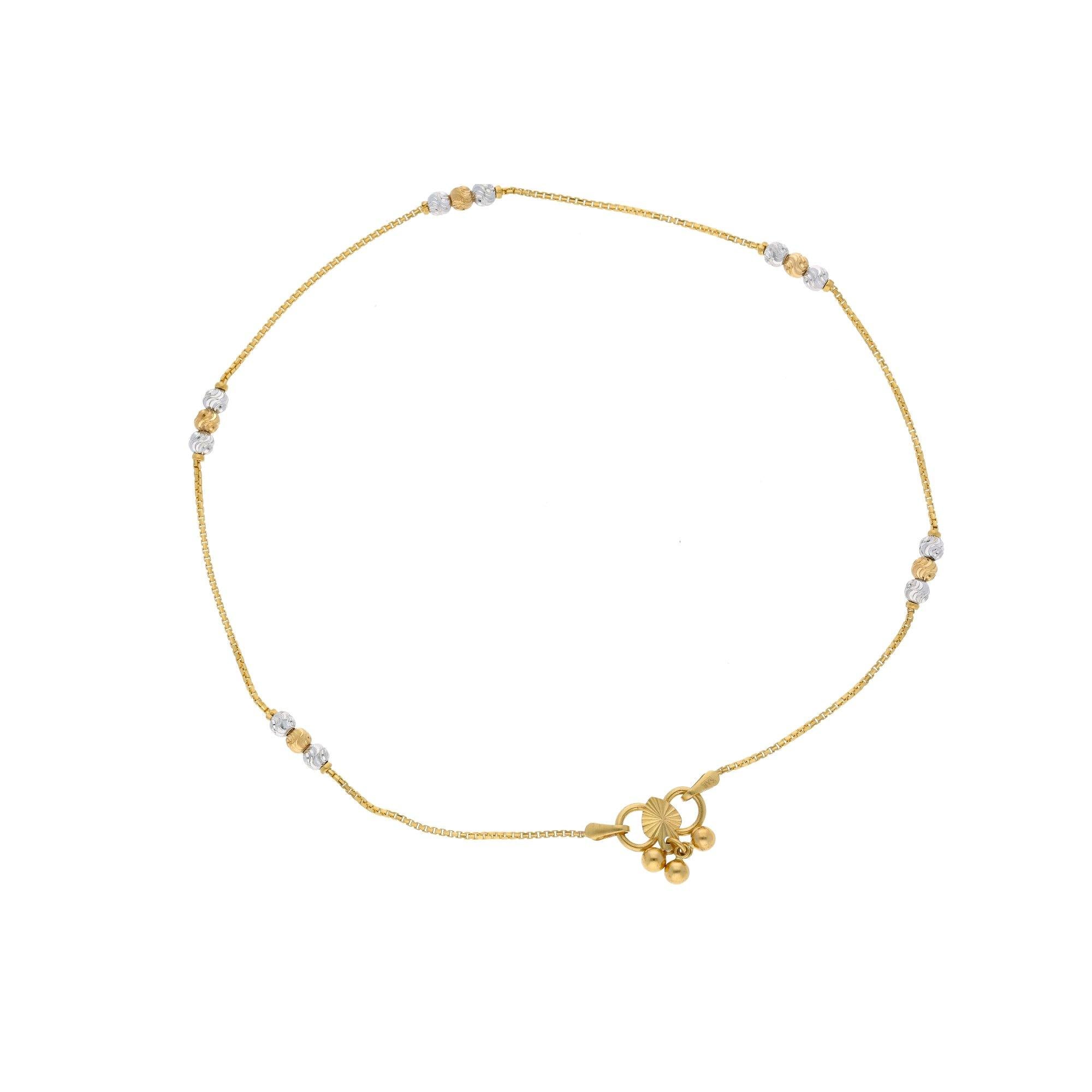 22K Multi Tone Gold Box Link Anklets Set of 2 W/ Moon Cut Gold Balls ...