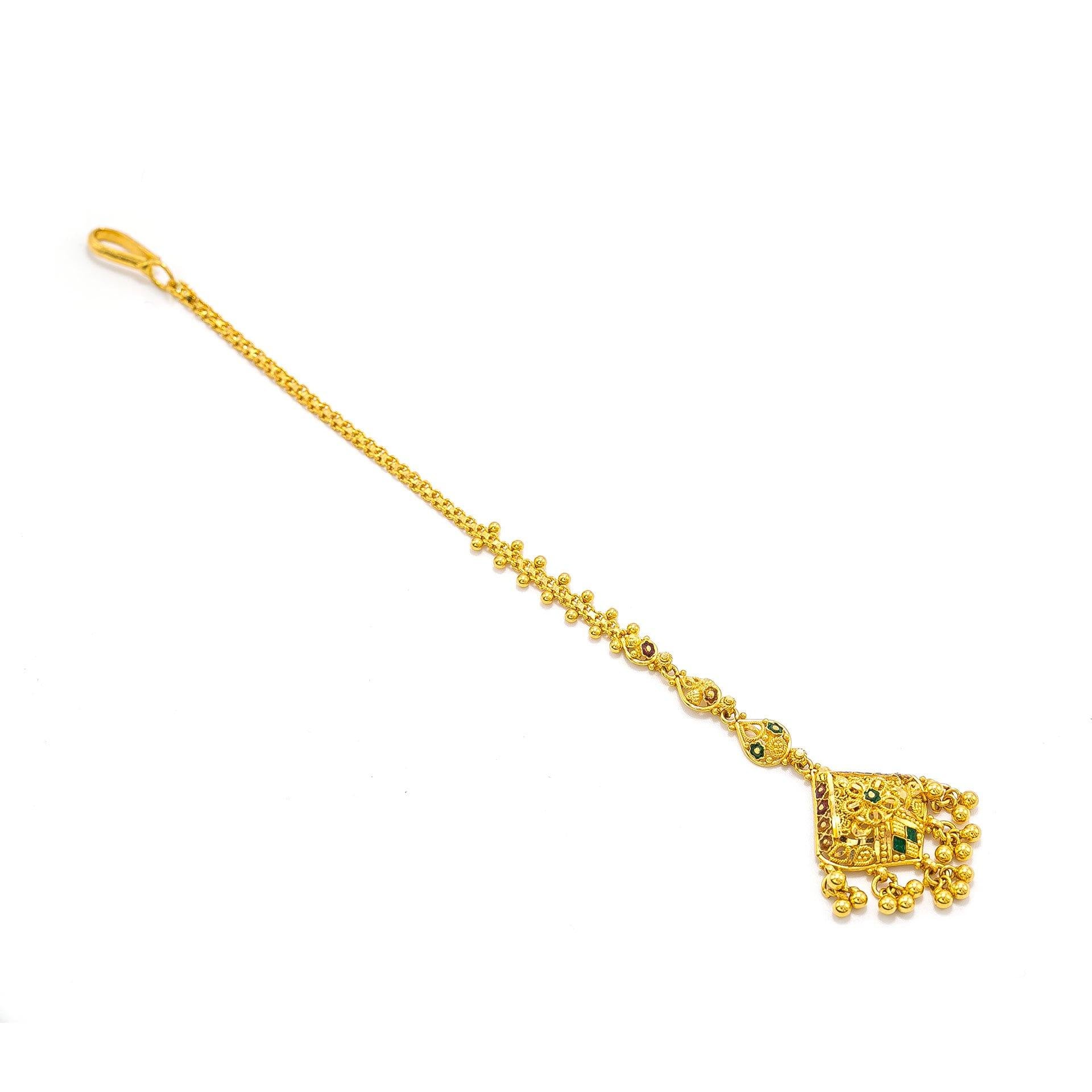 22K Multi Tone Gold Tikka W/ Hand Painted Details & Hanging Gold Ball ...