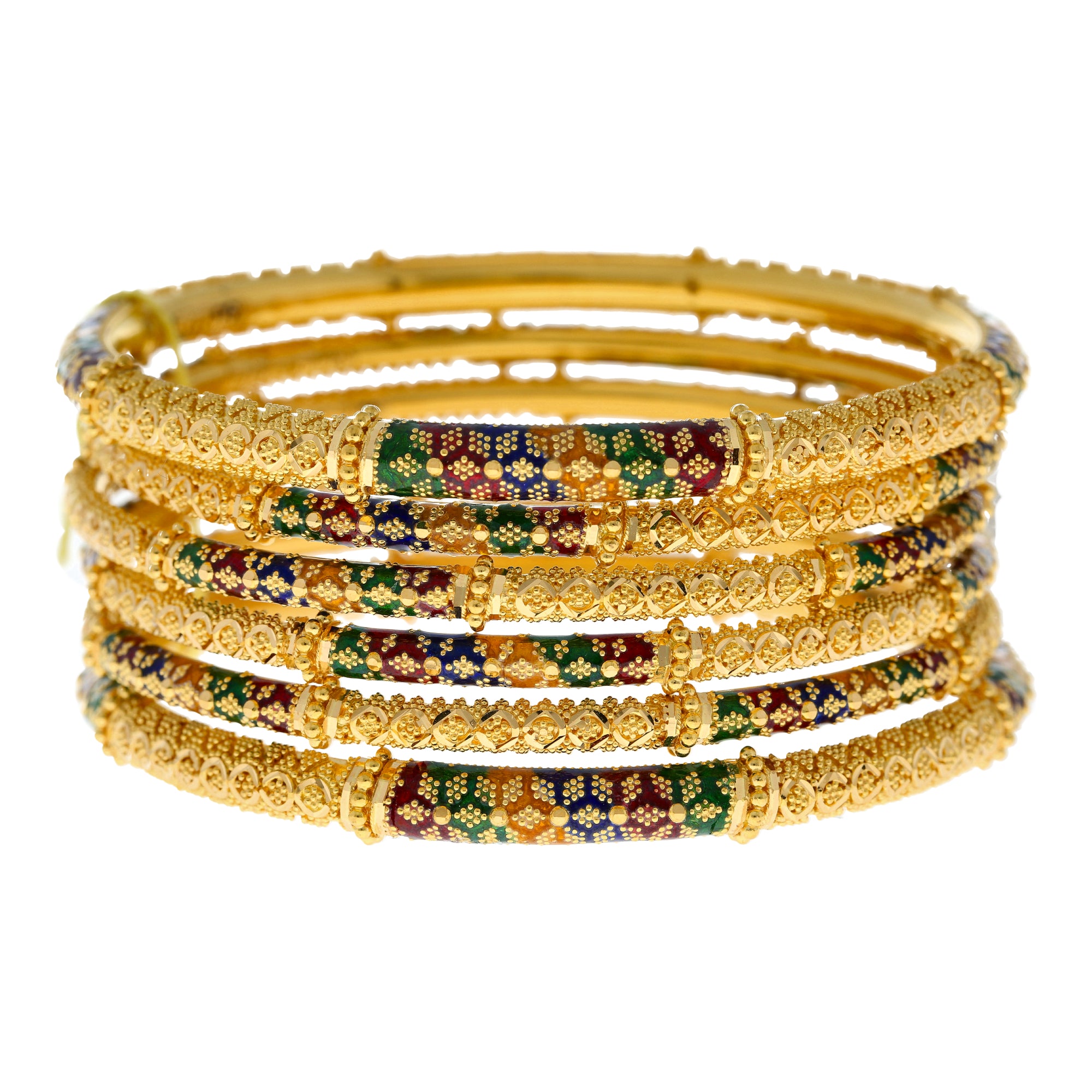 22K Yellow Gold Filigree & Meenakari Pipe Bangle set of 6 (84.9 grams ...