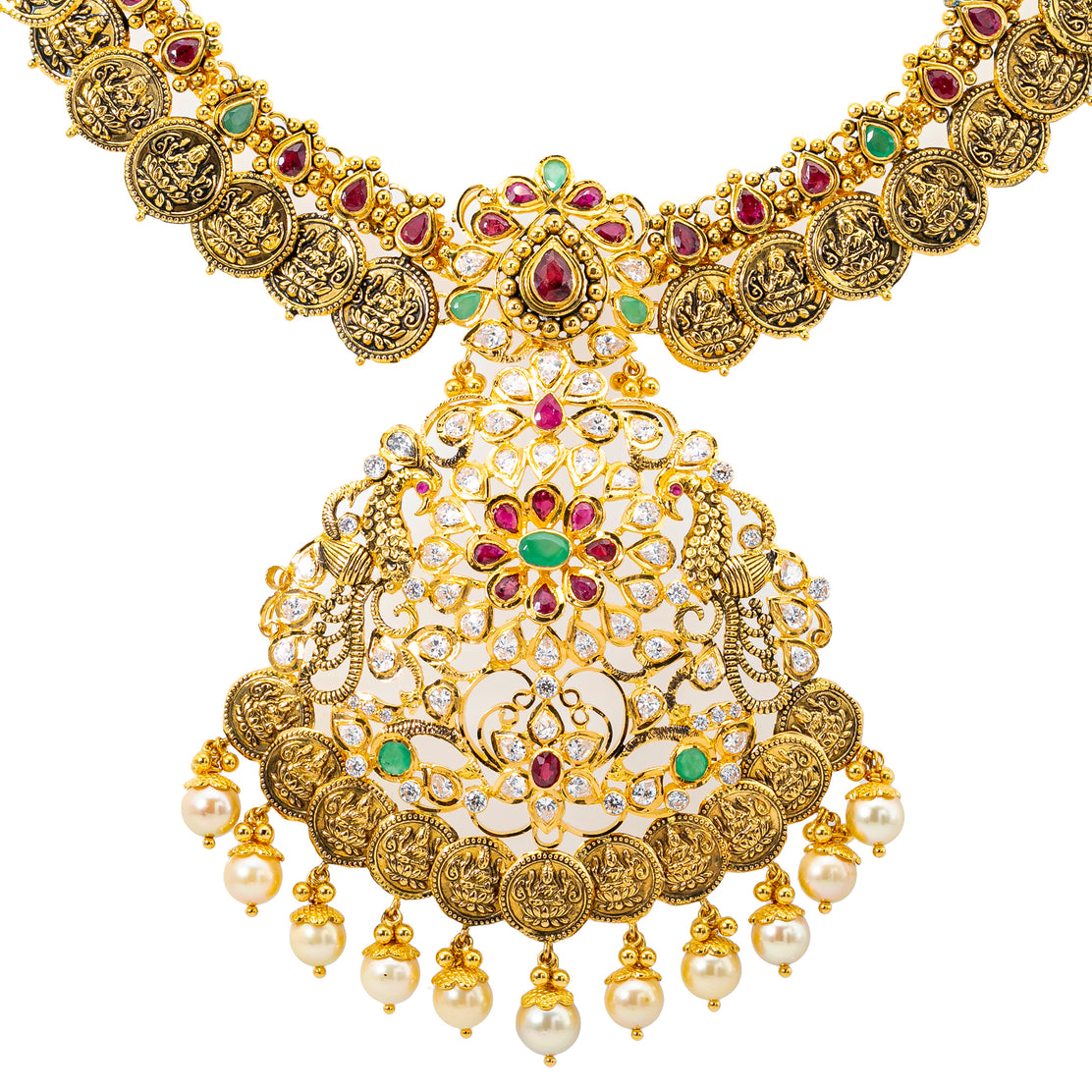 22K Yellow Gold Kasu Necklace and Earring Set 145.6 grams