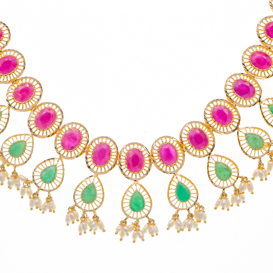 Virani Jewelers 22K Gold Gemstone Pearl Long Necklace Set 118gm