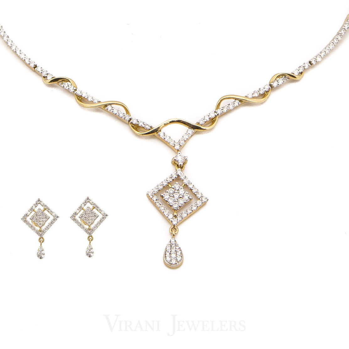 3.73CT Diamond Necklace and Earrings in 18K Yellow Gold W Double Diam