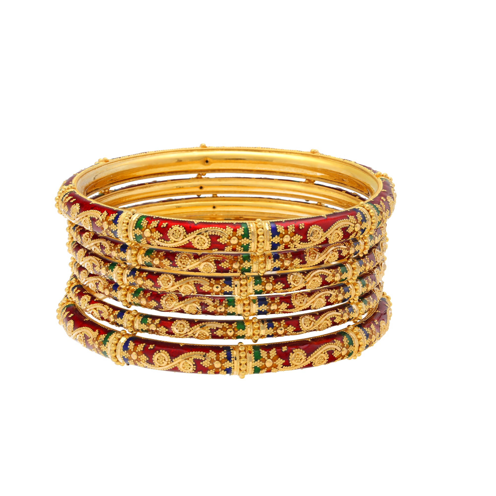 22K Yellow Gold Meenakari Pipe Bangle Set of 6 (93.2gm) – Virani Jewelers