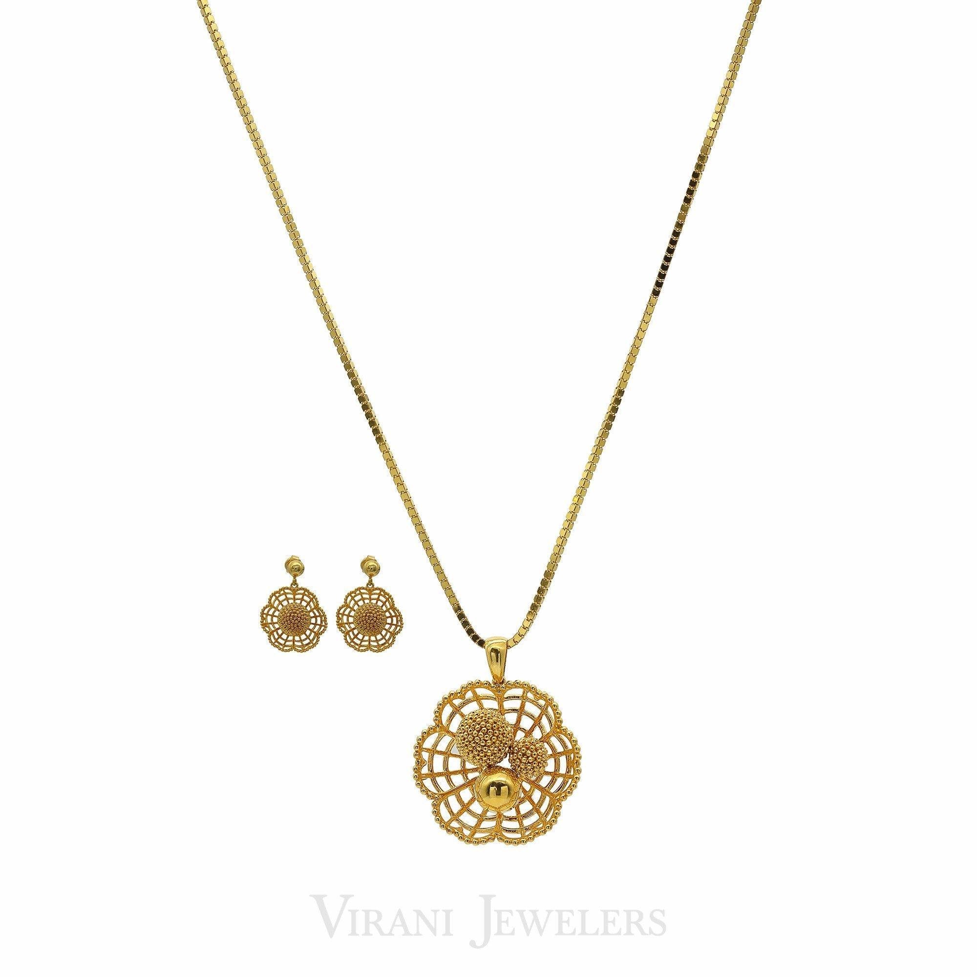Virani Jewelers 22K Yellow Gold Necklace Earrings Set w Web Pendant Textured Bead Balls