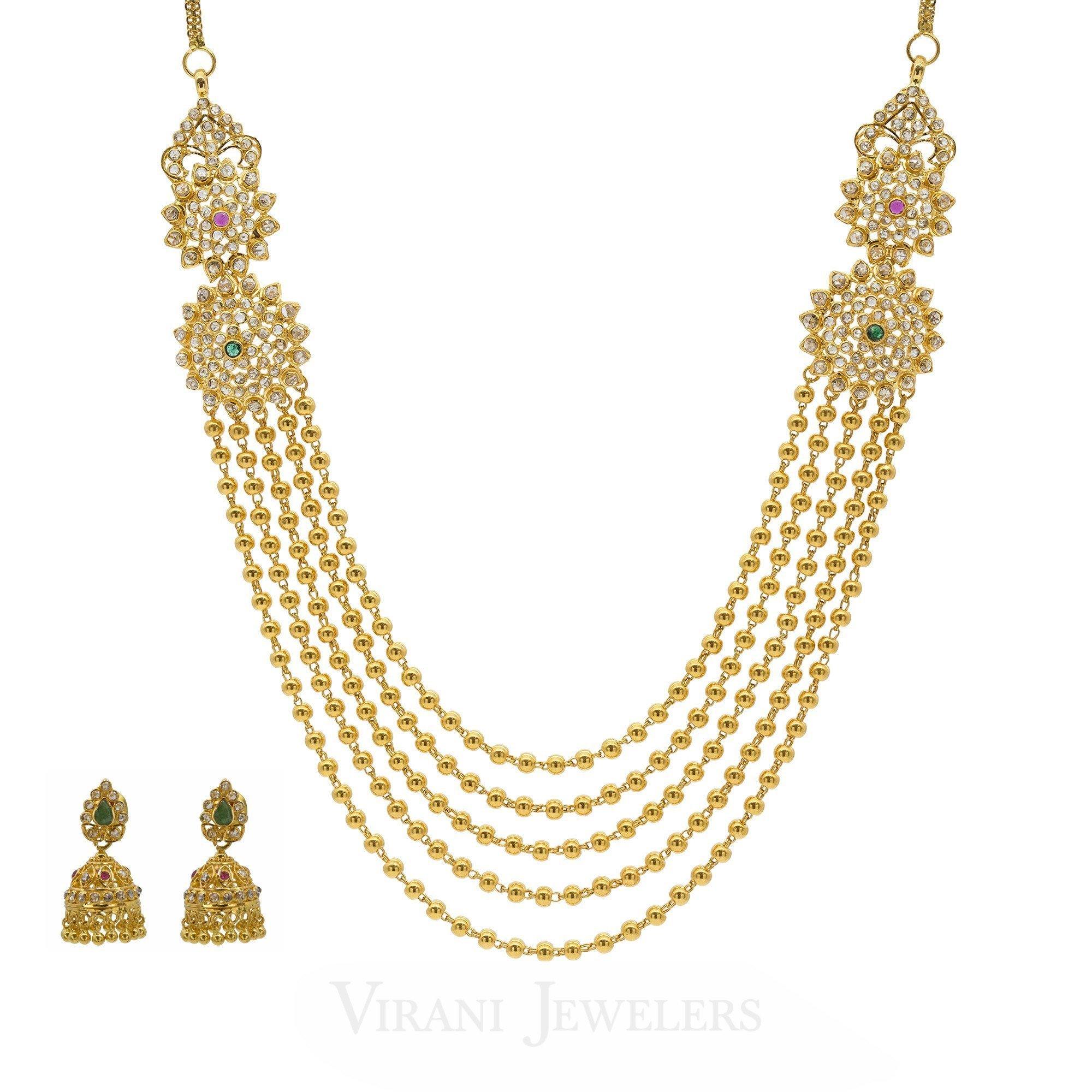 22K Gold Uncut Diamond Emerald Ruby Necklace and Earrings Set – Virani ...